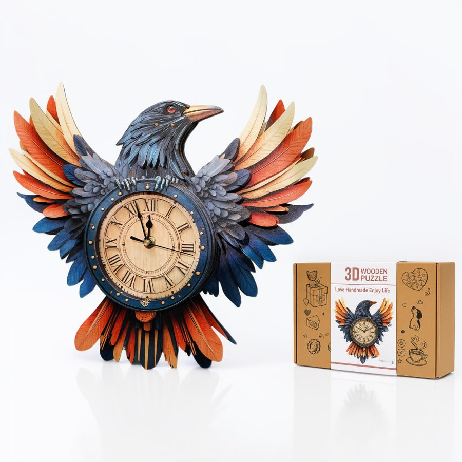 Raven DIY Wooden Clock Kit – Elegant 3D Wood Puzzle for Adults – CUTYWOOD